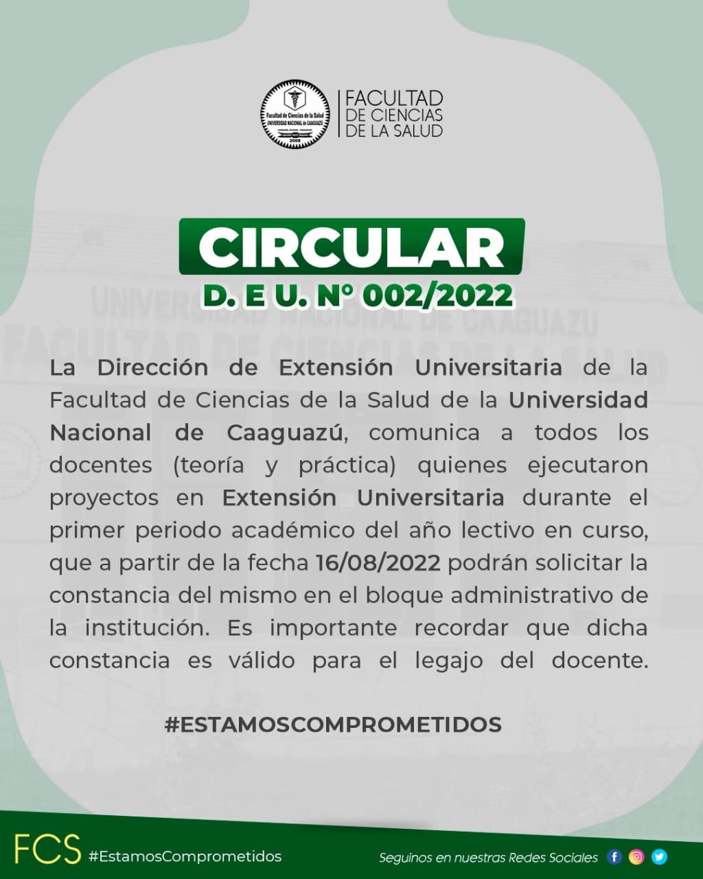 Circular D. E. U. Nº 002/2022 - Facultad de Ciencias de la Salud